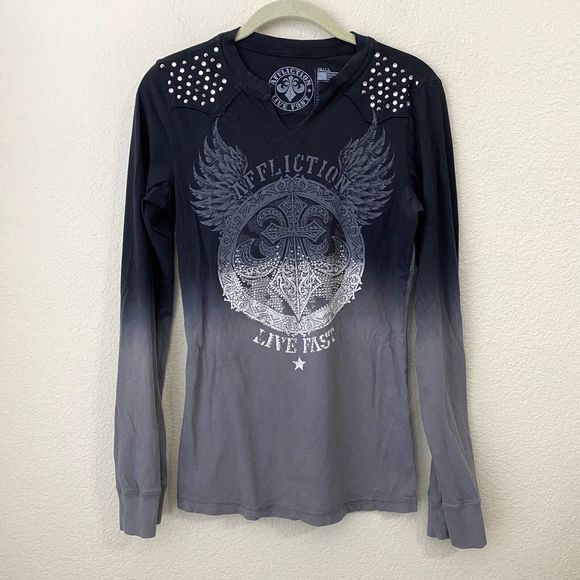 Affliction | Tops | Affliction Shirt Womens Small Graphic Studded Wings ...